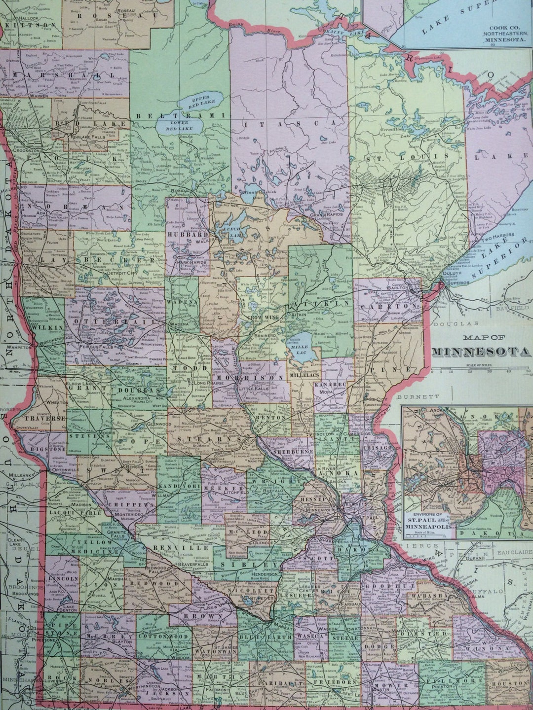 1901 MINNESOTA Large Original Antique Map, 22.5 X 14.5 Inches, Home ...
