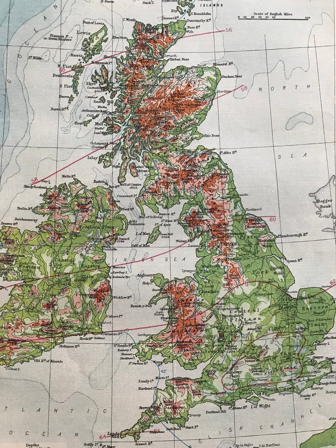 1899 British Isles physical Original Antique Map Britain | Etsy