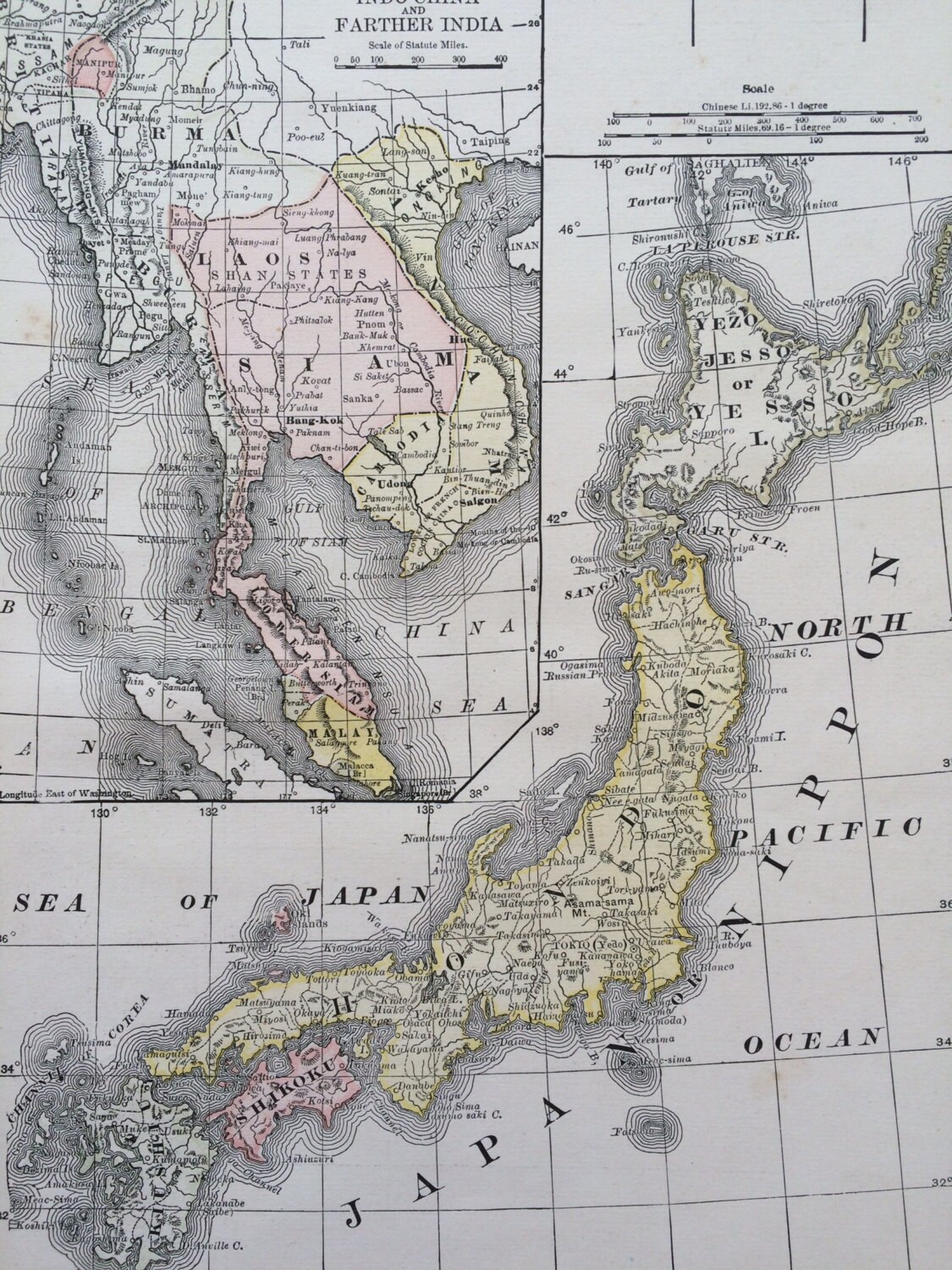 1891 JAPAN Original Antique Map with inset map of Southeast Asia, 8.5 x ...