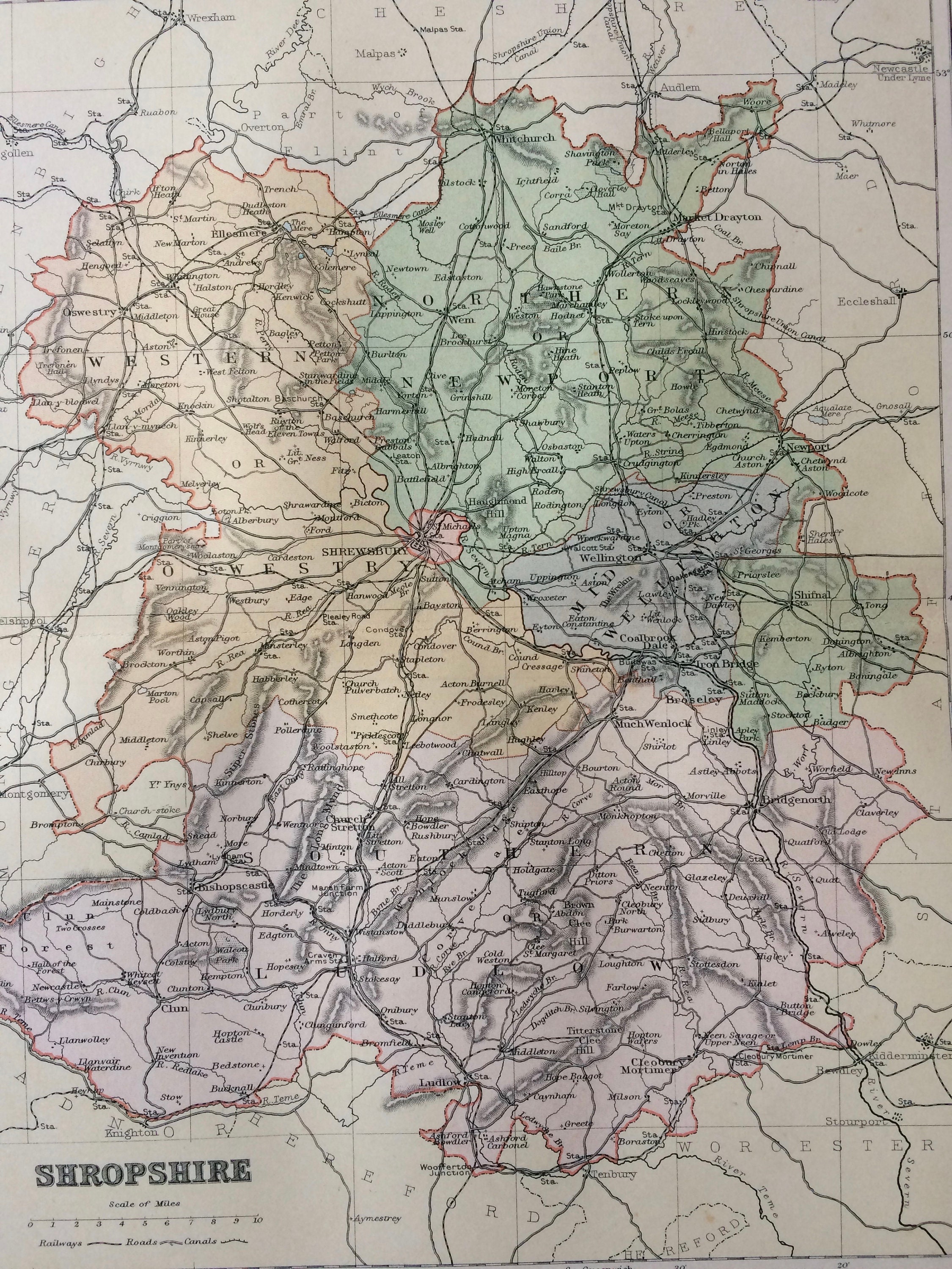 1895 SHROPSHIRE original antique map, english county, cartography, gift ...