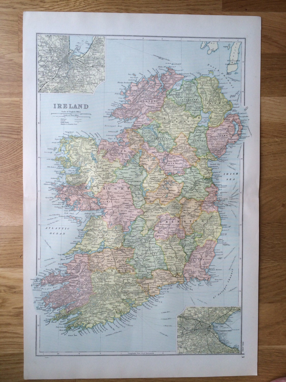 1898 IRELAND large original antique map, 21.5 x 13.5 inches, historical ...