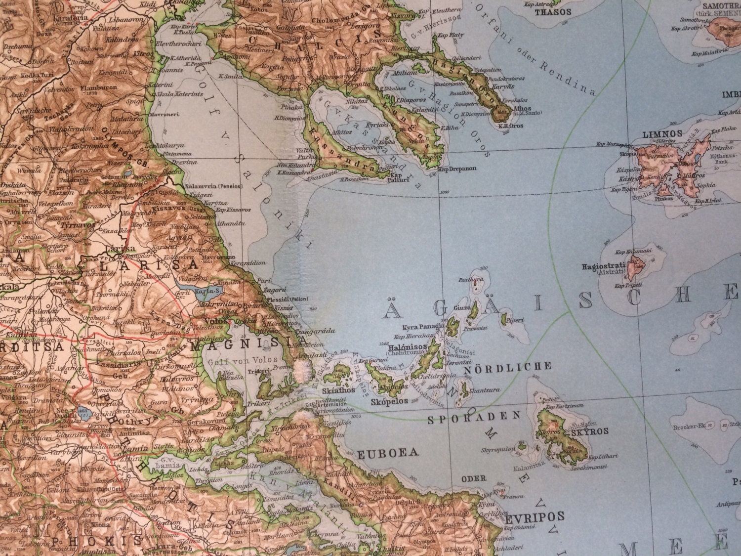 1914 GREECE Large Original Antique Map, 17 x 22 inches, historical wall ...