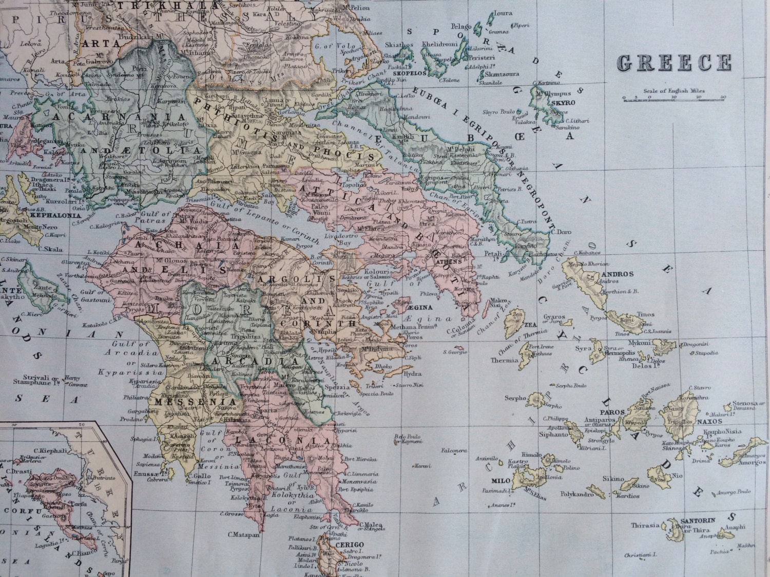 1890 GREECE Original Antique Map, 11 x 14 inches, Johnston Atlas, Home ...