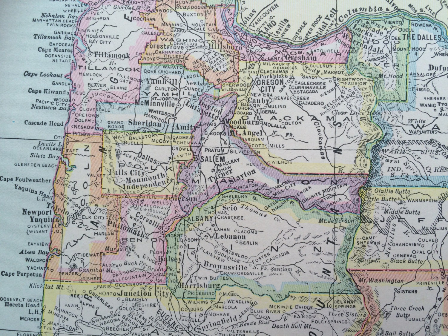 1936 OREGON Original Antique Map, 11.5 x 14.5 inches, US State map ...