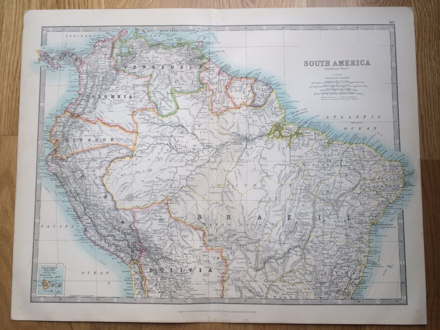 1907 SOUTH AMERICA (northern part) original antique map, cartography ...