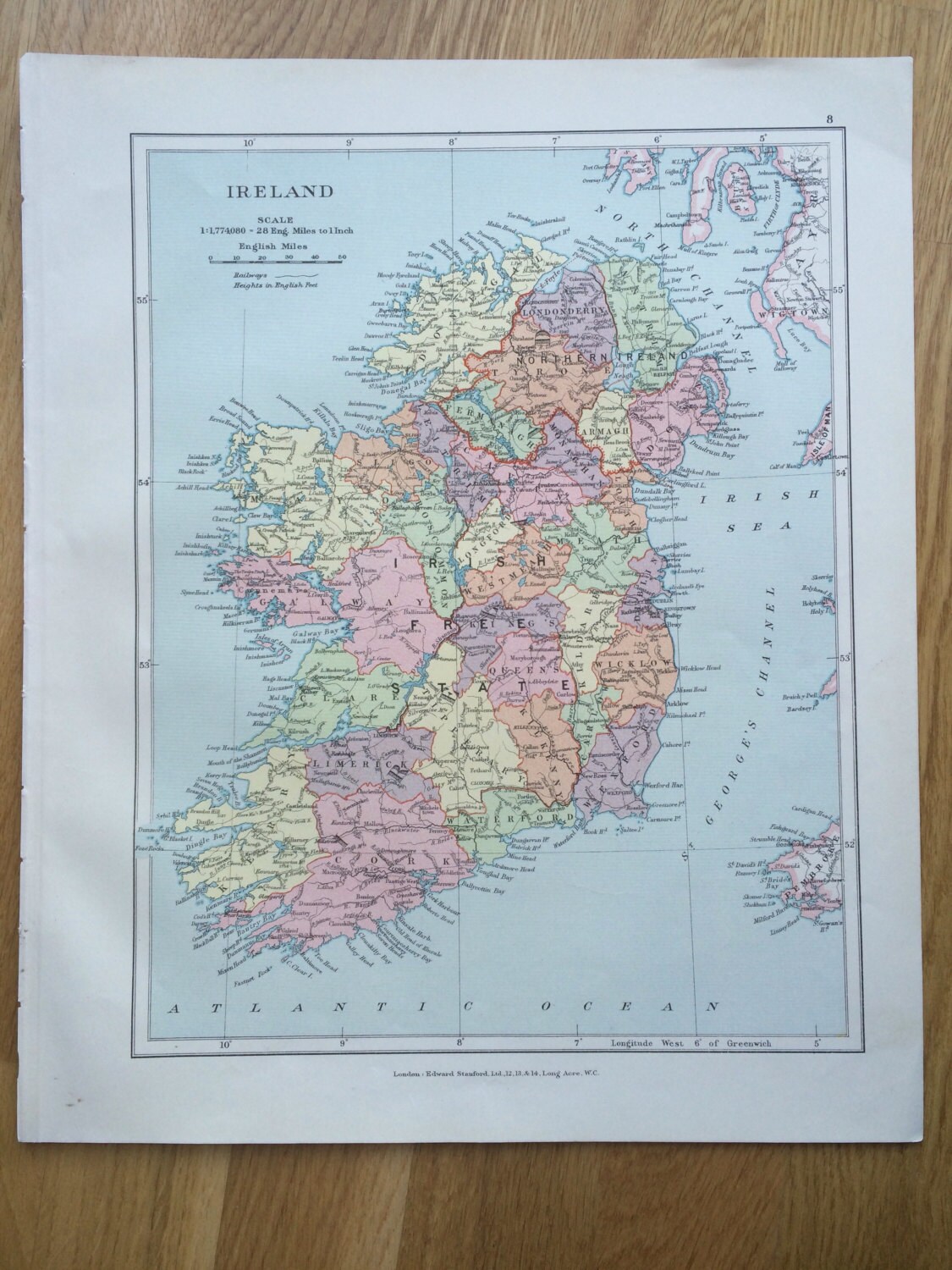 1920 IRELAND Original Vintage Map, 12 x 14.5 inches, historical wall ...