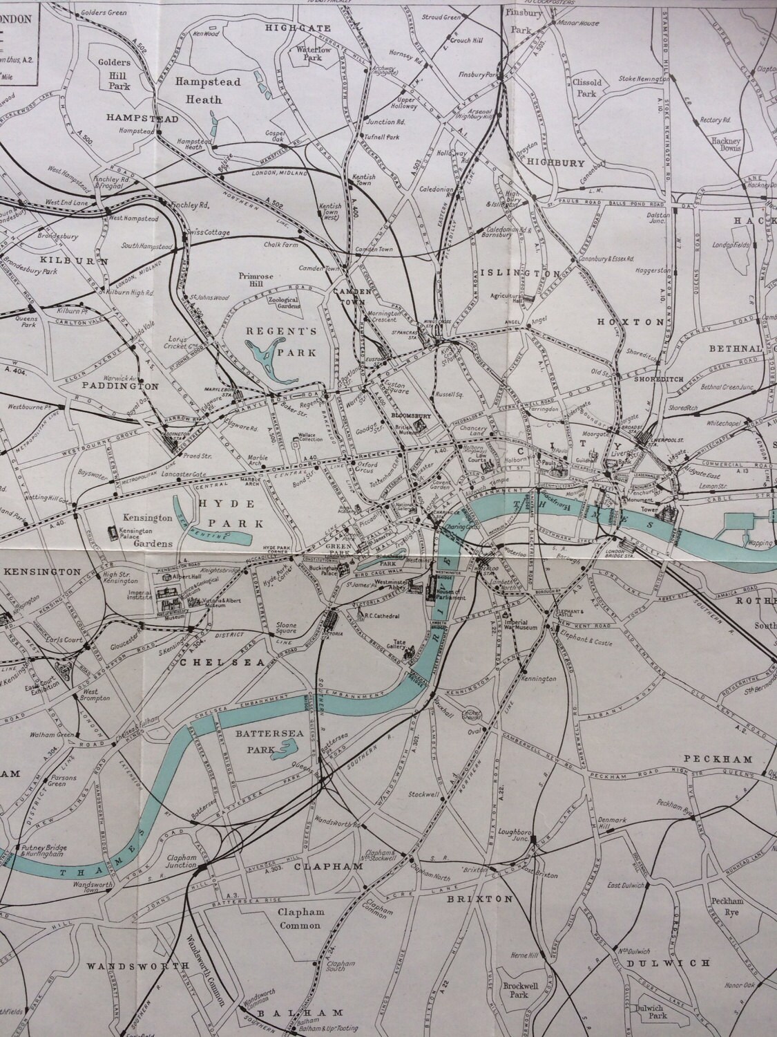 LONDON Railway & Road Map Original Vintage Map c.1940s, 10.5 x 11.5 ...