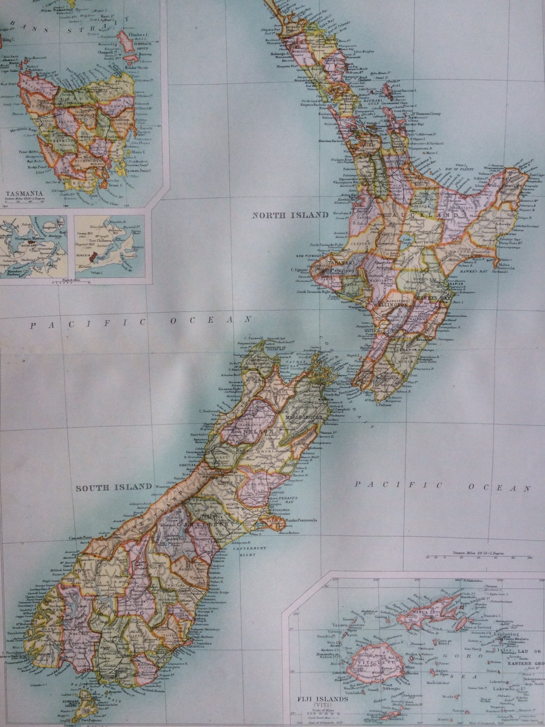 1898 NEW ZEALAND Large Original Antique Map, 14 x 18.5 inches ...