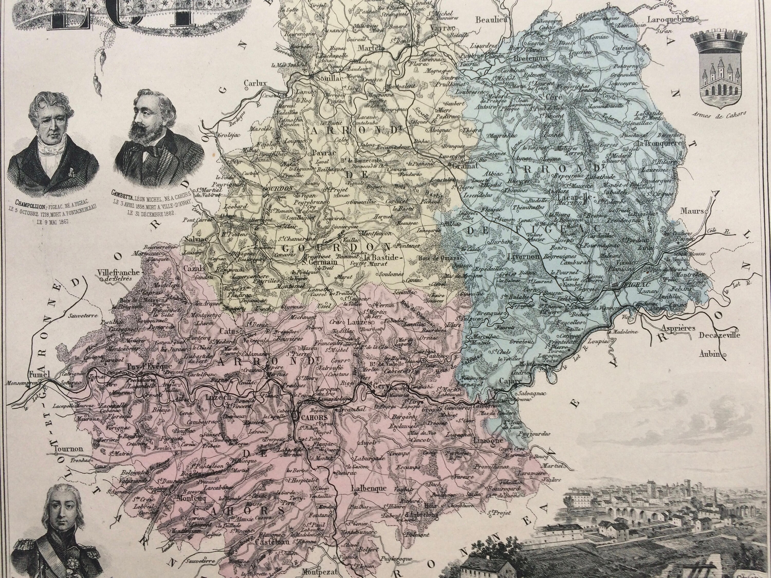 1890 Lot Inferieure Large Original Antique Map - Department of France ...