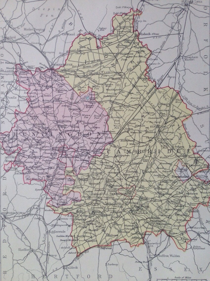 1875 HUNTINGDON & CAMBRIDGE original antique map, cartography ...