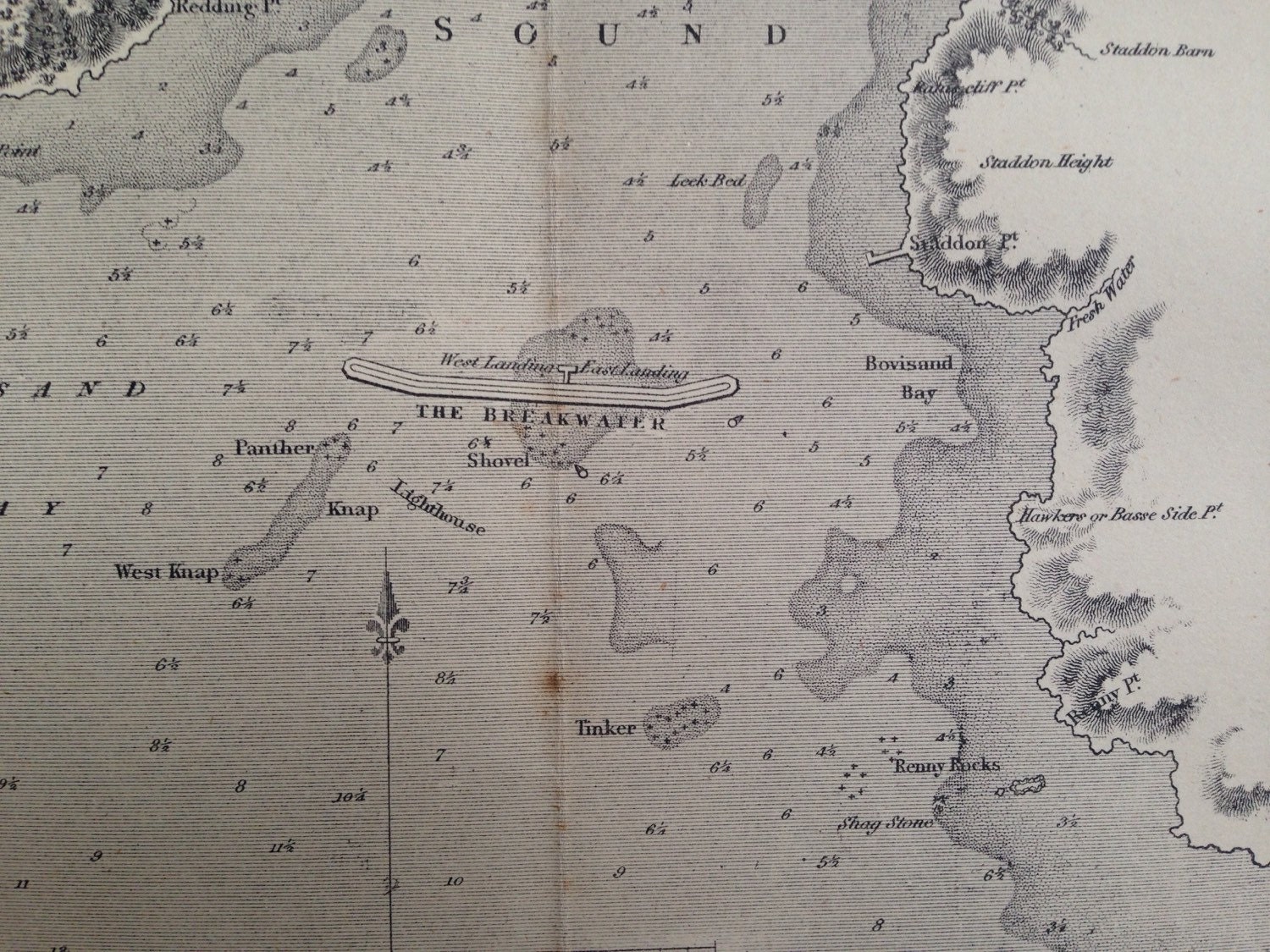 1880 PLYMOUTH BREAKWATER map, antique, original, historical, vintage
