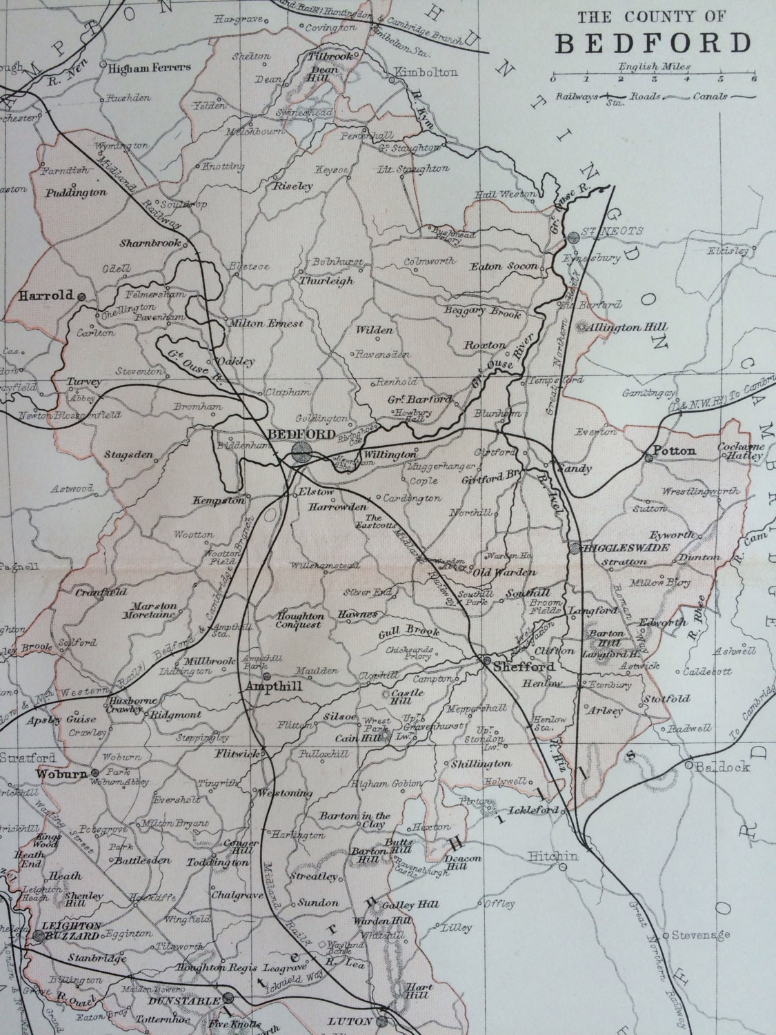 1882 BEDFORD Small Original Antique Map, English County, Cartography ...