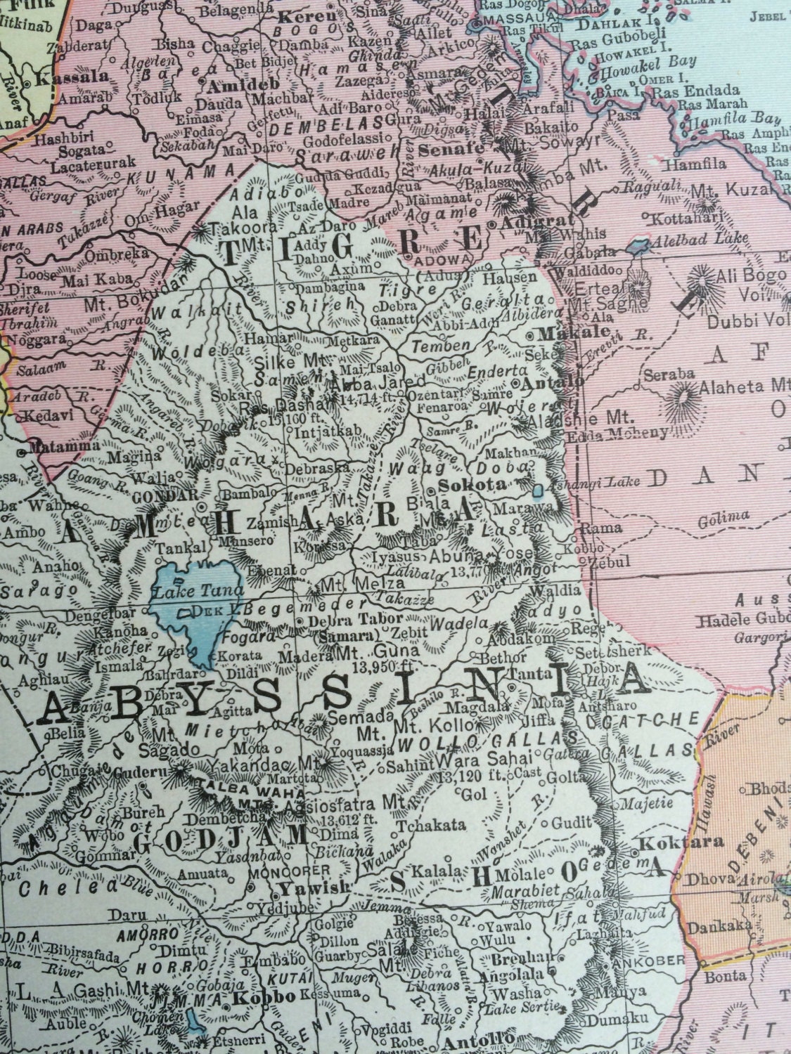 1898 ABYSSINIA ETHIOPIA Original Antique Map, 11 x 14 inches, Rand ...