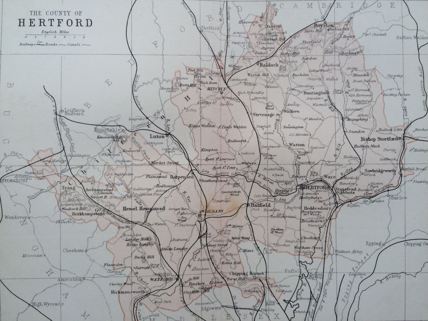 1882 HERTFORD Small Original Antique Map, English County, Cartography ...