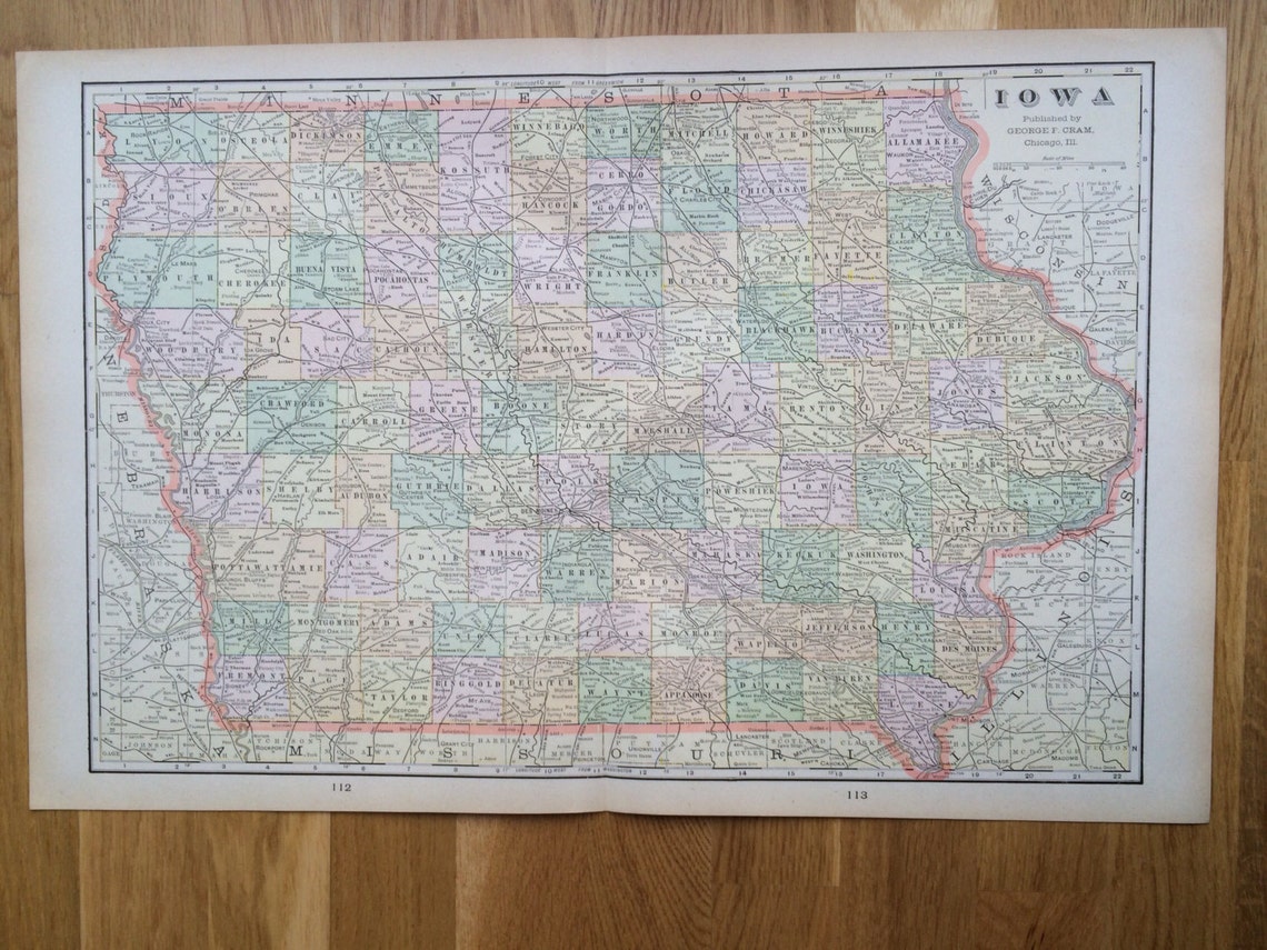 1901 IOWA Large Original Antique Map, 22.5 X 14.5 Inches, Home Decor ...