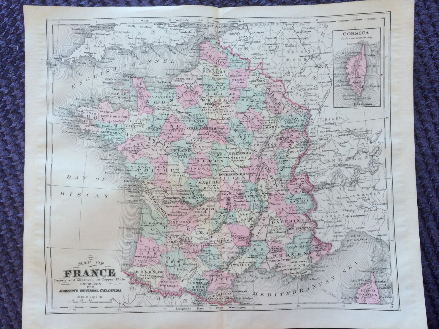 1875 Antique map of the France, copper plate engraving, original ...