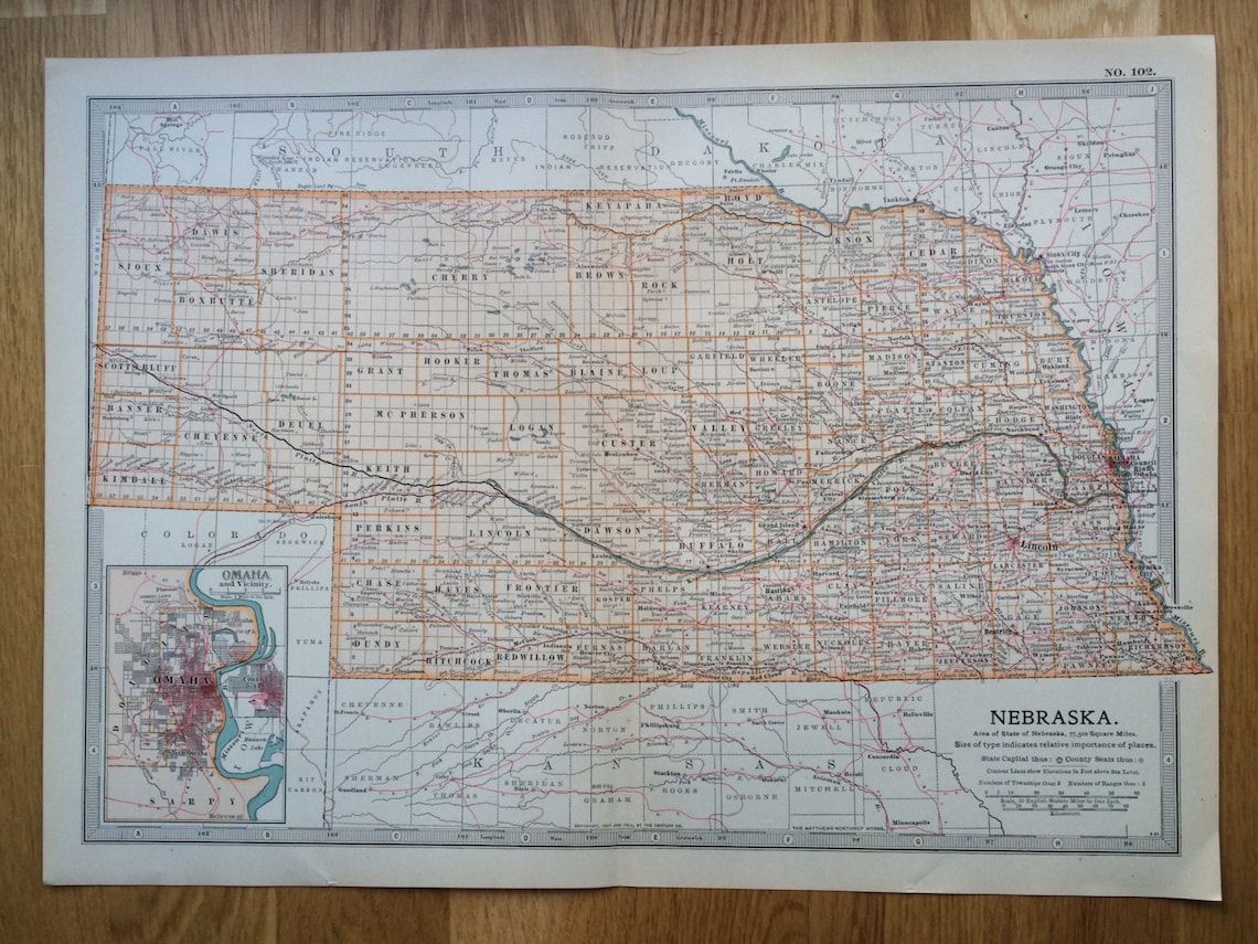 1903 NEBRASKA Original Large Antique Map Wall Map Home | Etsy