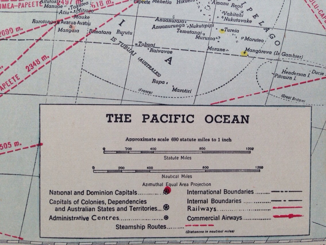 1940s THE PACIFIC OCEAN original vintage map - showing distances ...