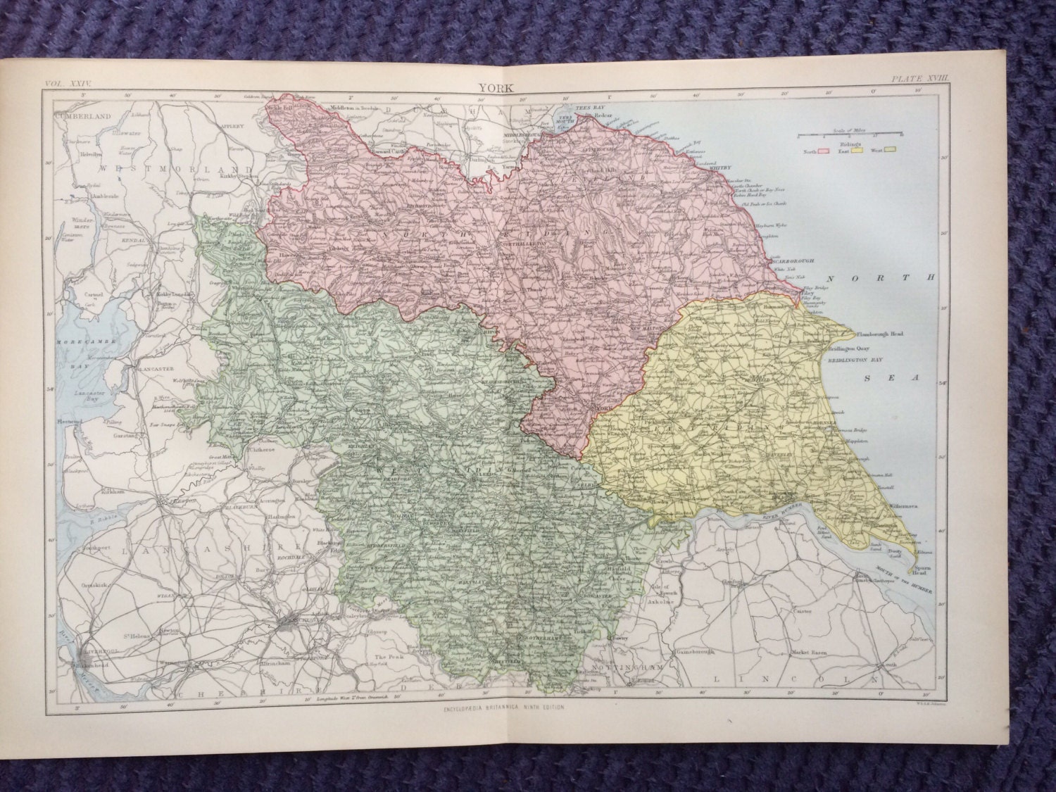 1875 YORKSHIRE large original antique map, cartography, geography, wall ...