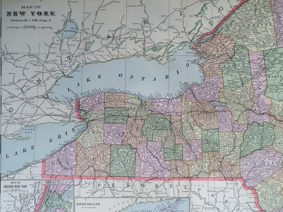 1901 NEW YORK Large Original Antique Map, 22.5 X 14.5 Inches, Home ...