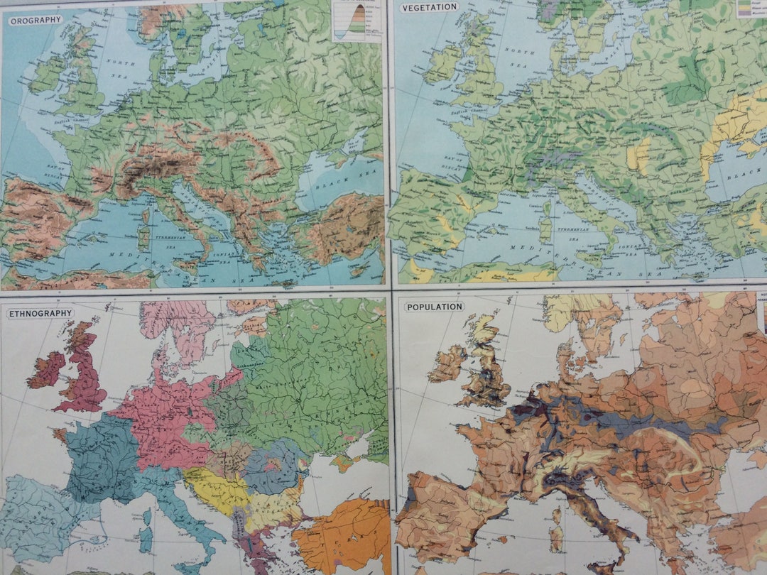 1922 EUROPE (orography, Vegetation, Ethnography and Population) Large ...
