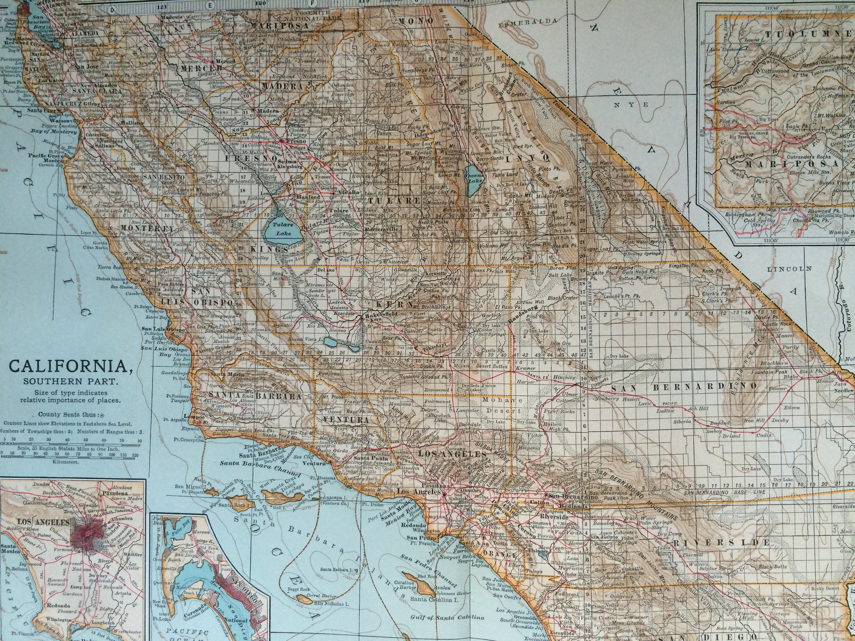 1903 SOUTHERN CALIFORNIA Original Antique Map with inset maps of ...