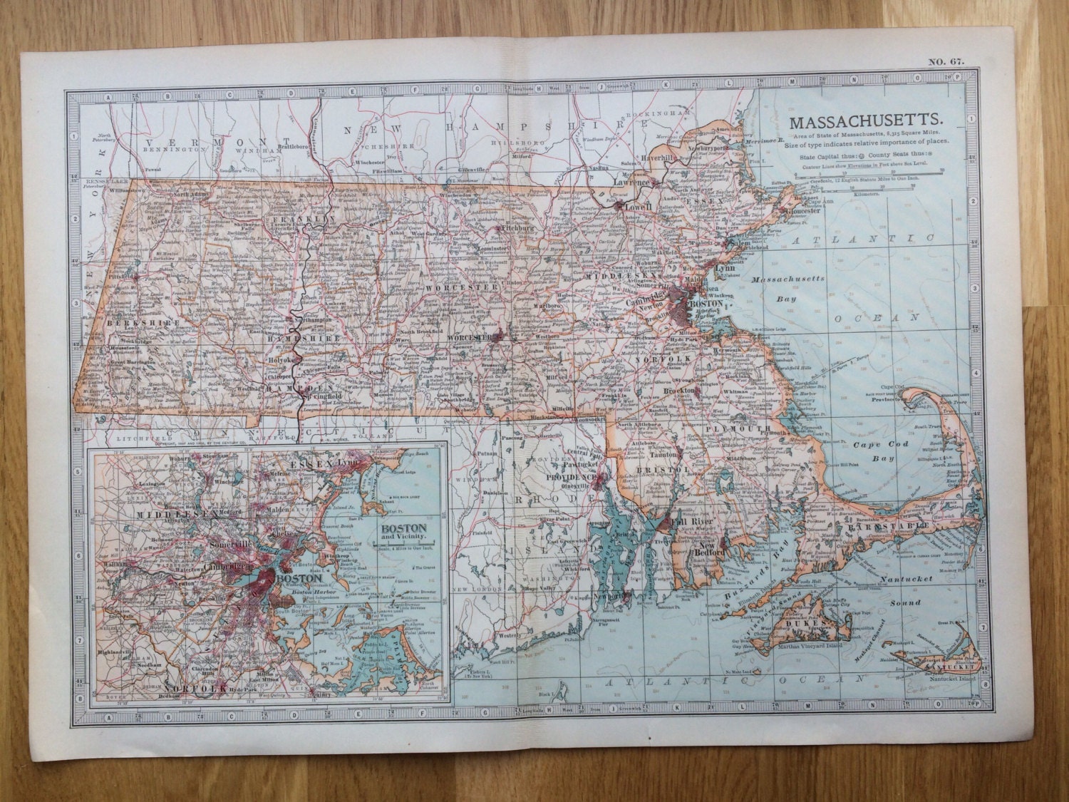 1903 MASSACHUSETTS Original Large Antique Map - Wall Map - Home Decor ...