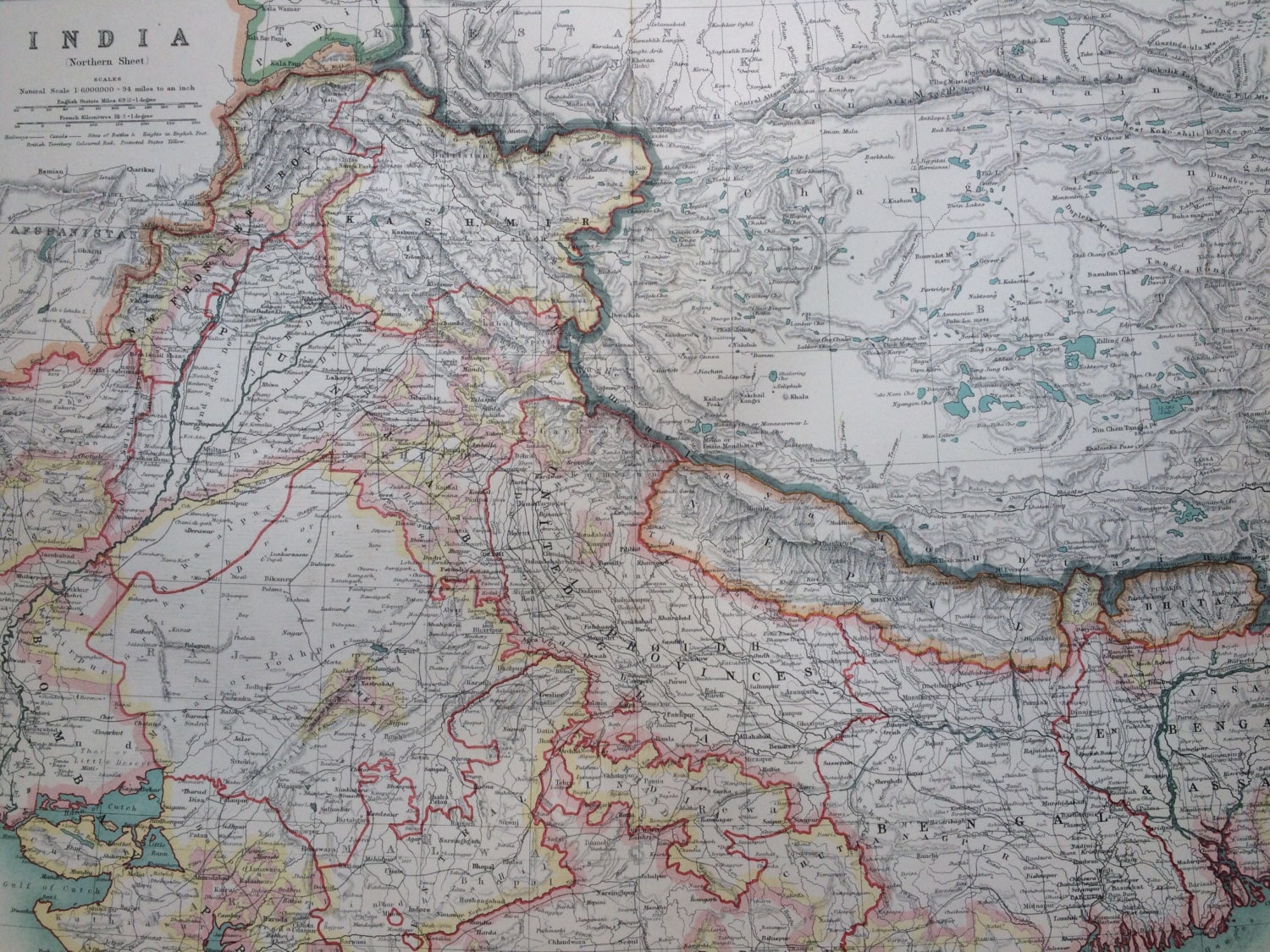 1907 INDIA (northern part) original antique map, cartography ...
