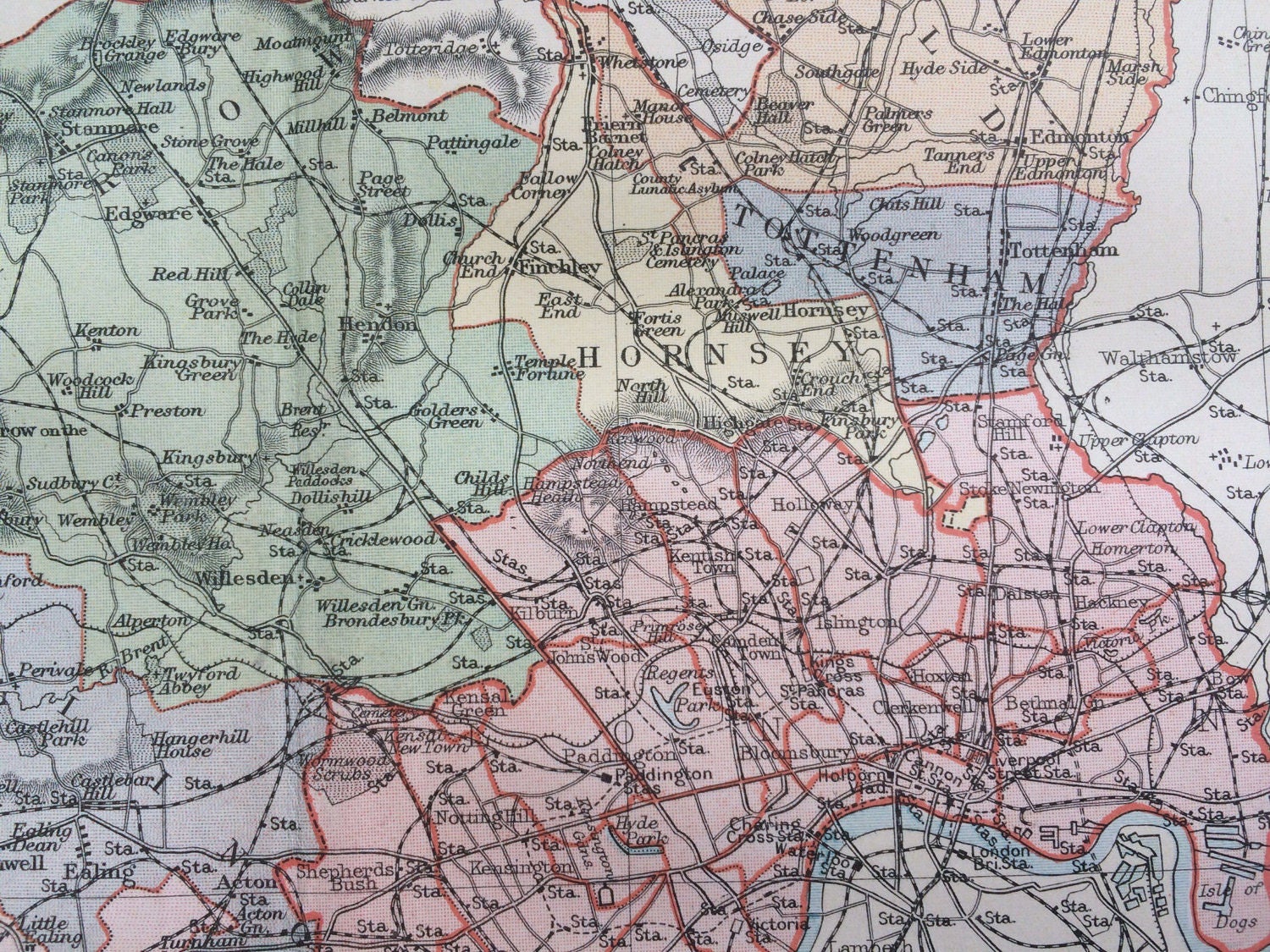 1895 Middlesex Original Antique Map English County Cartography Geography Wall Decor T Idea
