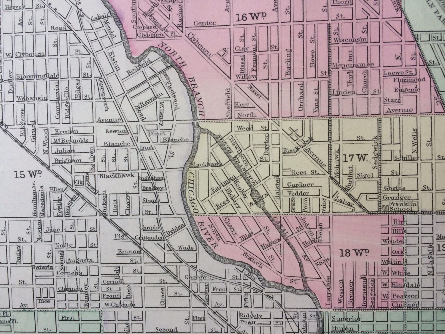 1888 CHICAGO original antique Mitchell Map - City Plan - City Map ...
