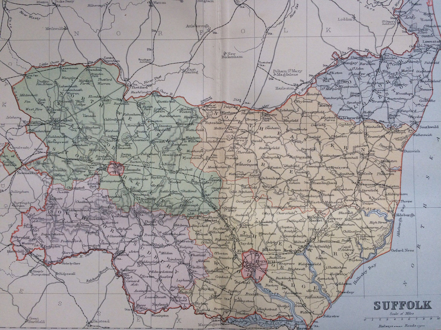 1895 SUFFOLK original antique map, english county, cartography ...