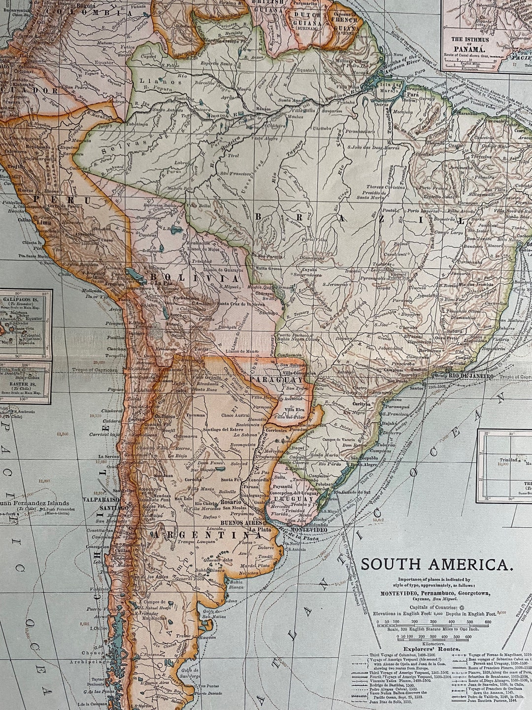 1903 South America Original Large Antique Map - Wall Map - Home Decor ...