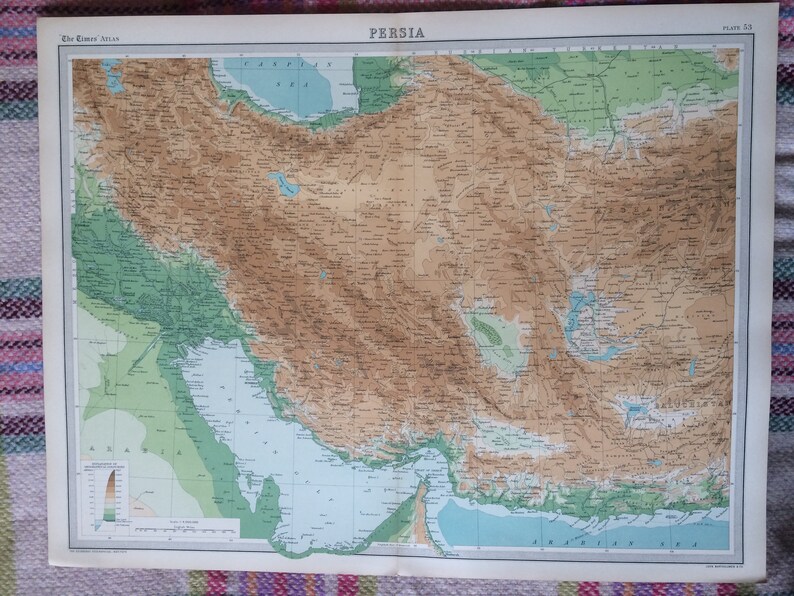 1922 PERSIA Large Original Antique Times Atlas Physical Map - Iran ...