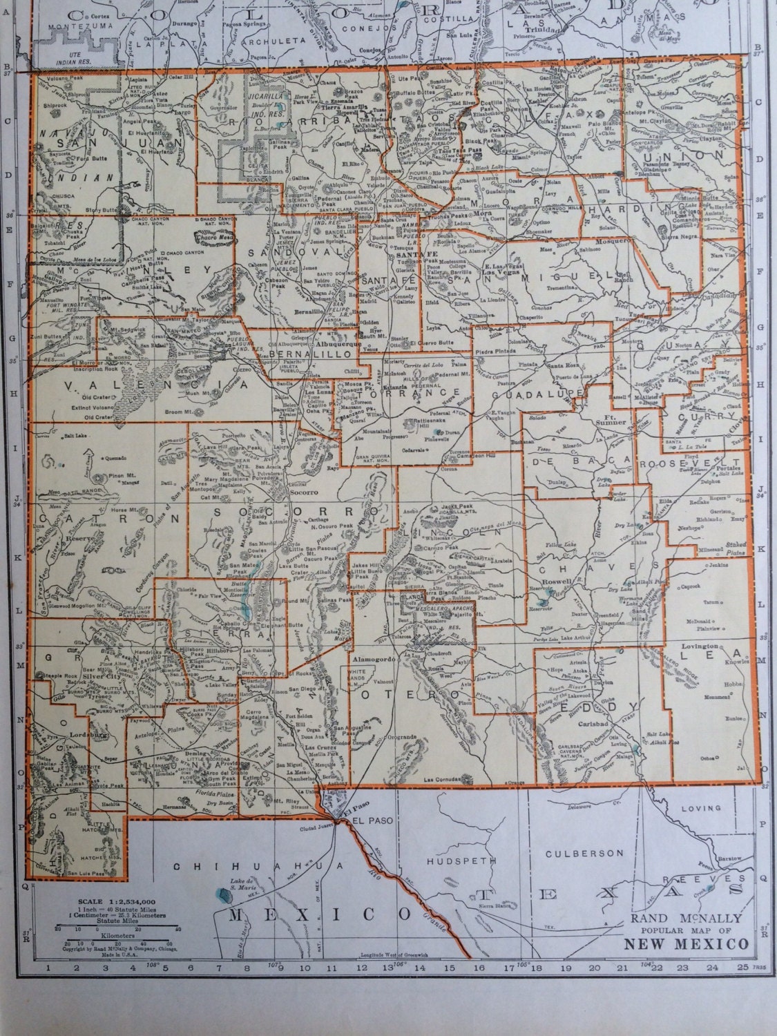 1937 NEW MEXICO Original Vintage Map, 11 x 14 inches, State Map, Rand ...
