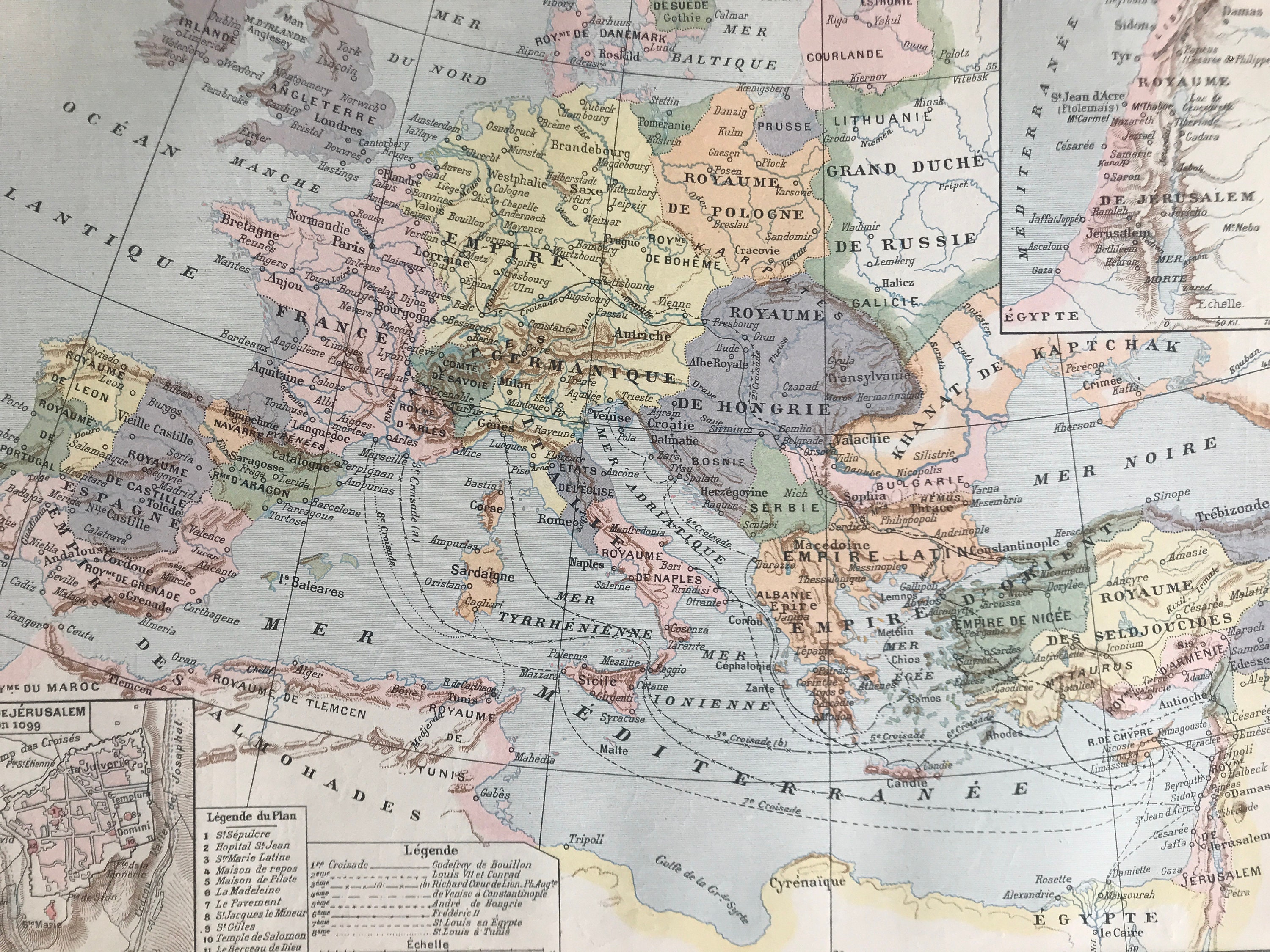 1897 Crusades Original Antique Map - Middle East - Inset map of ...