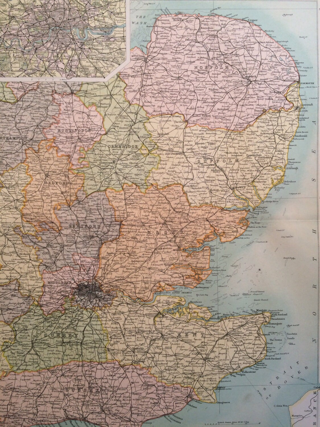 1898 ENGLAND (South east abs east anglia) Large Original Antique Map ...