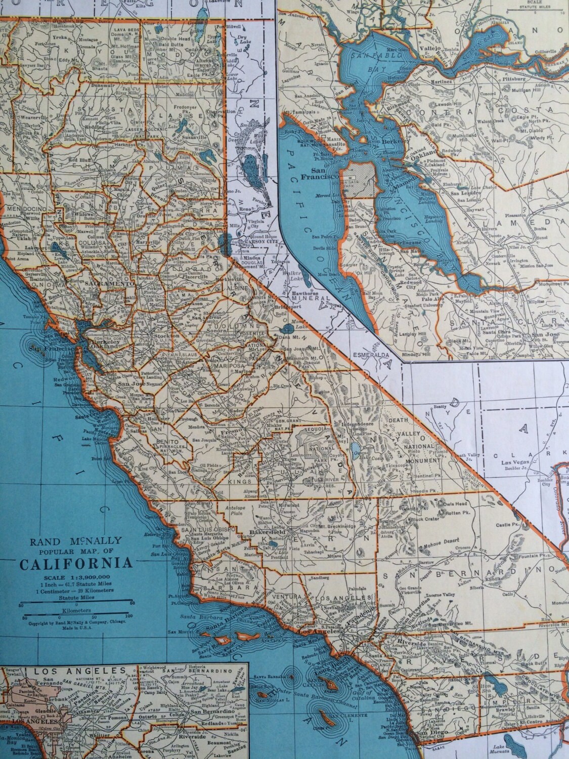 1937 CALIFORNIA Original Vintage Map, 11 x 14 inches, State Map, Rand ...