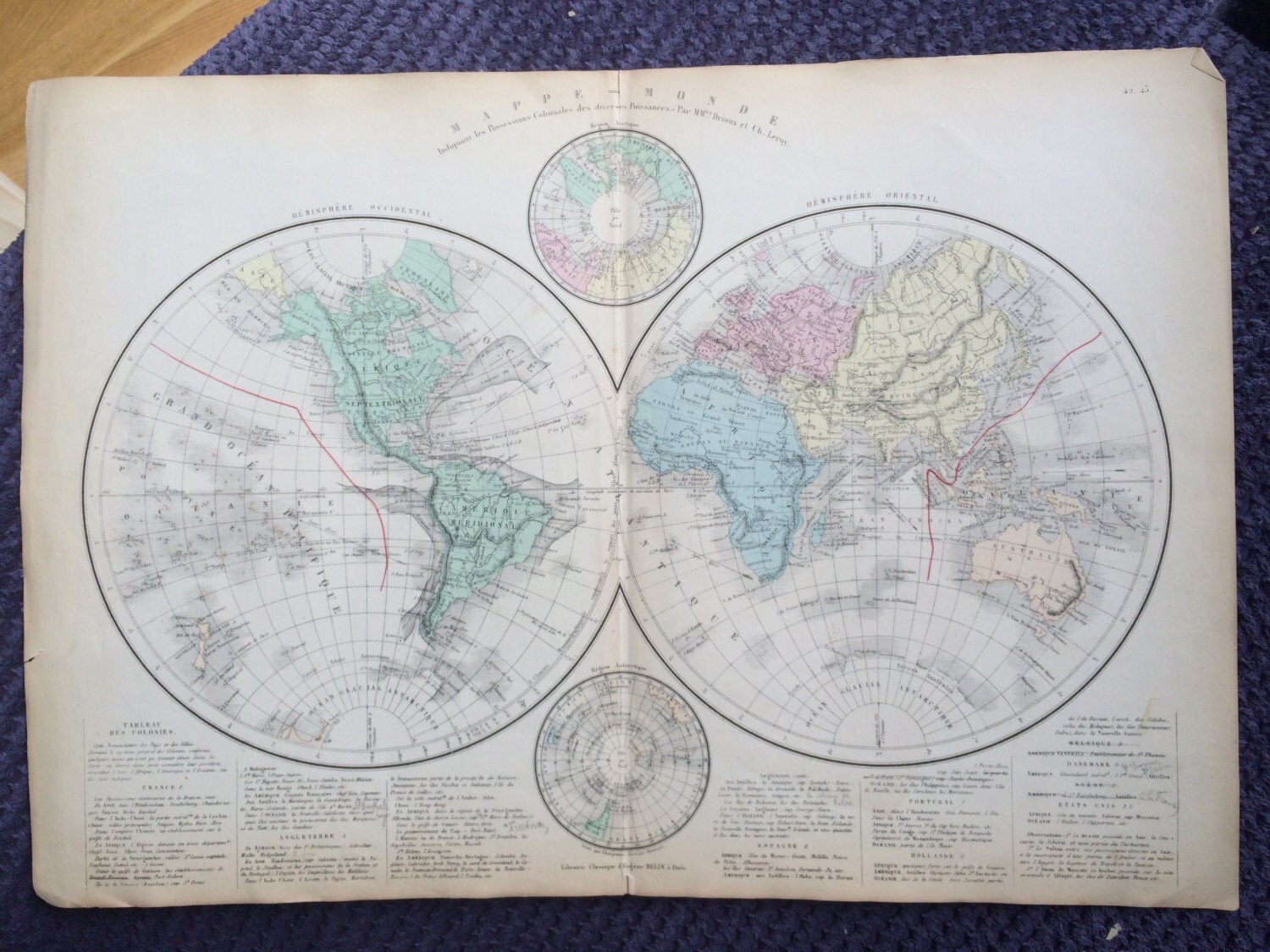 1866 MAPPE MONDE - antique world map - world in hemispheres - large ...