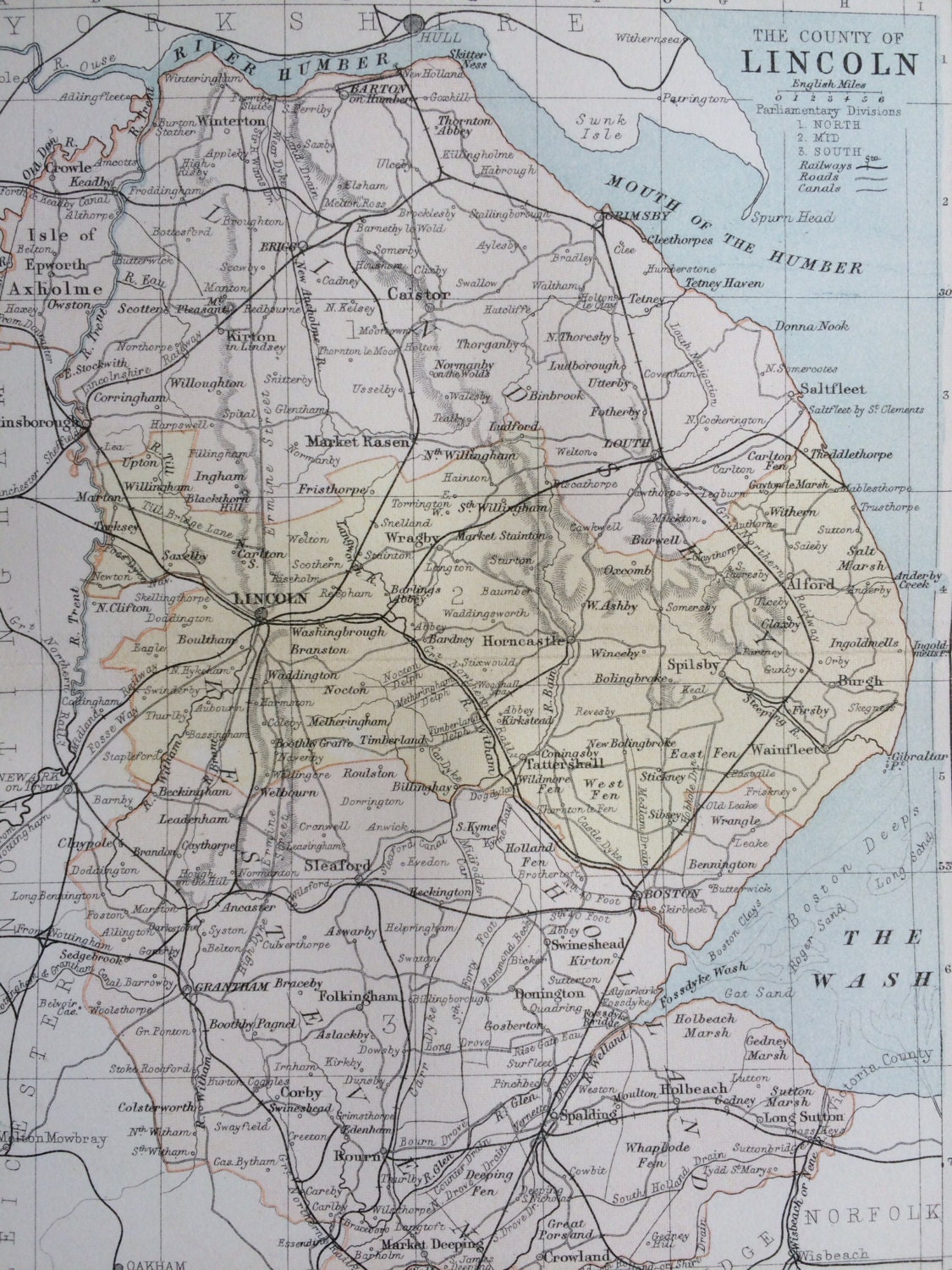 1882 LINCOLN original antique map, english county, cartography ...
