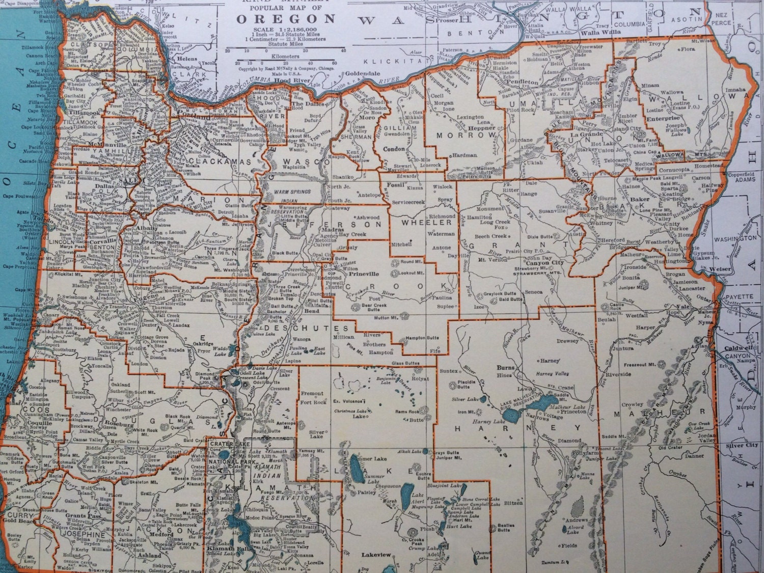 1937 OREGON Original Vintage Map, 11 x 14 inches, State Map, Rand McNally, Home Decor ...