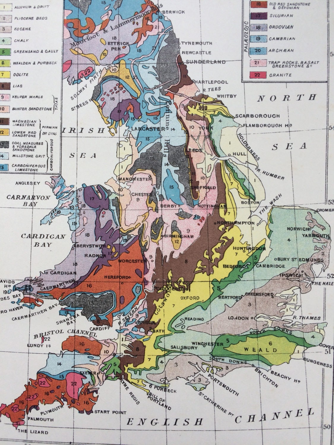 1880 Geological map of England and Wales Original Antique Print, 10 x ...