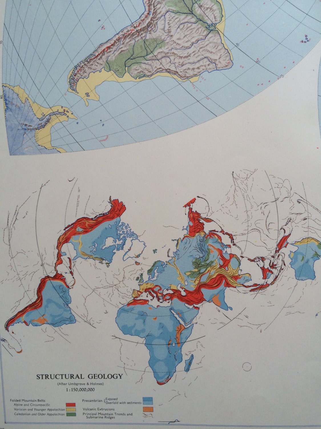 1958 WORLD PHYSIOGRAPHY Extra Large Original Vintage World Map ...