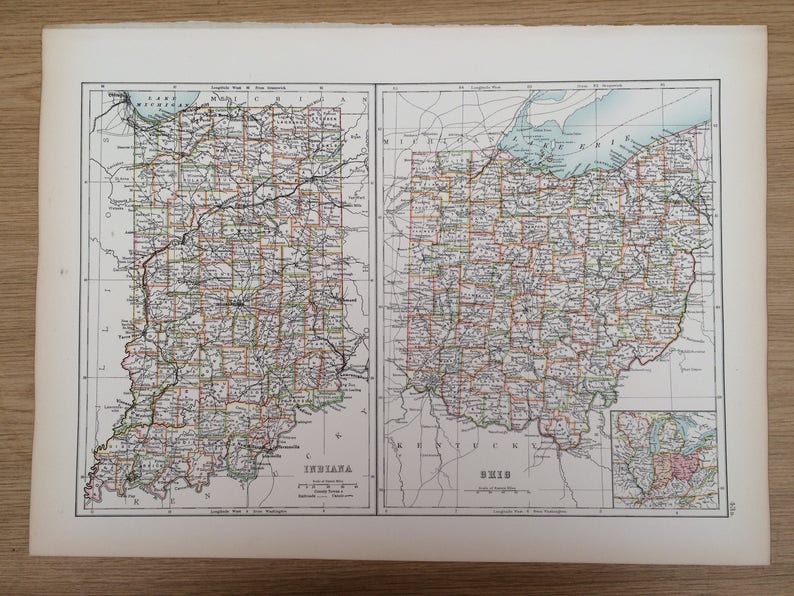 1898 Indiana and Ohio Large Original Antique A & C Black Map - Etsy UK