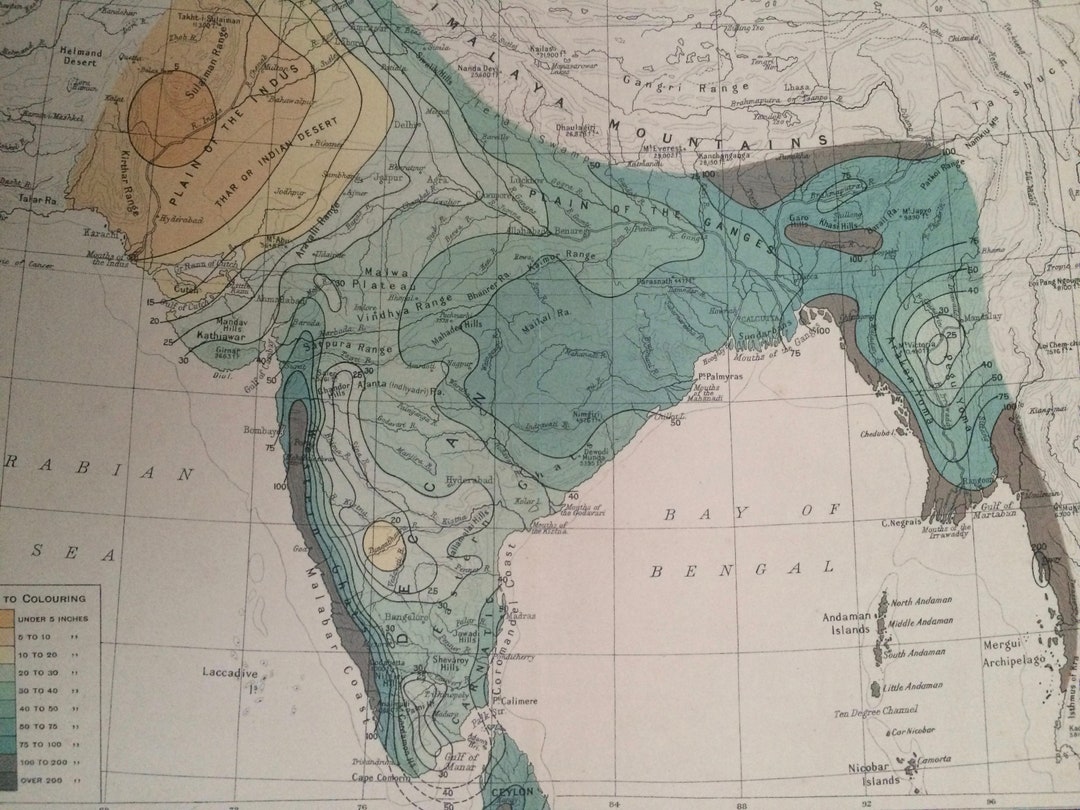 1908 India (mean Annual Rainfall) Original Antique Map - Meteorology ...