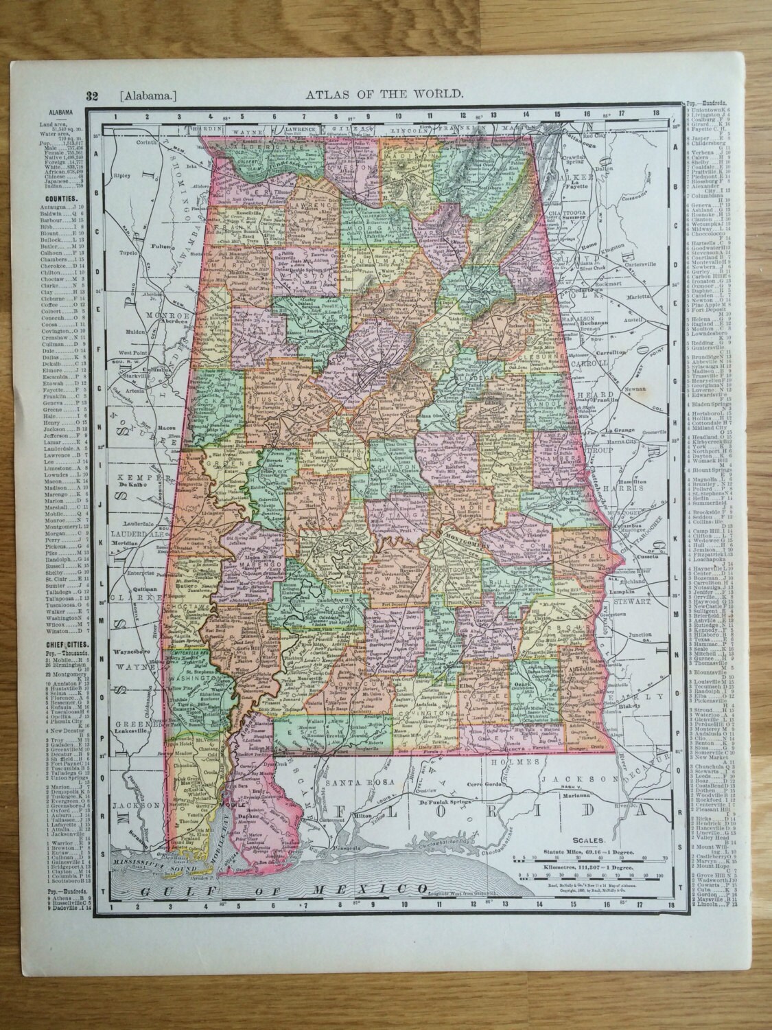 1898 ALABAMA Original Antique Map, 11 x 14 inches, Rand McNally, Home ...