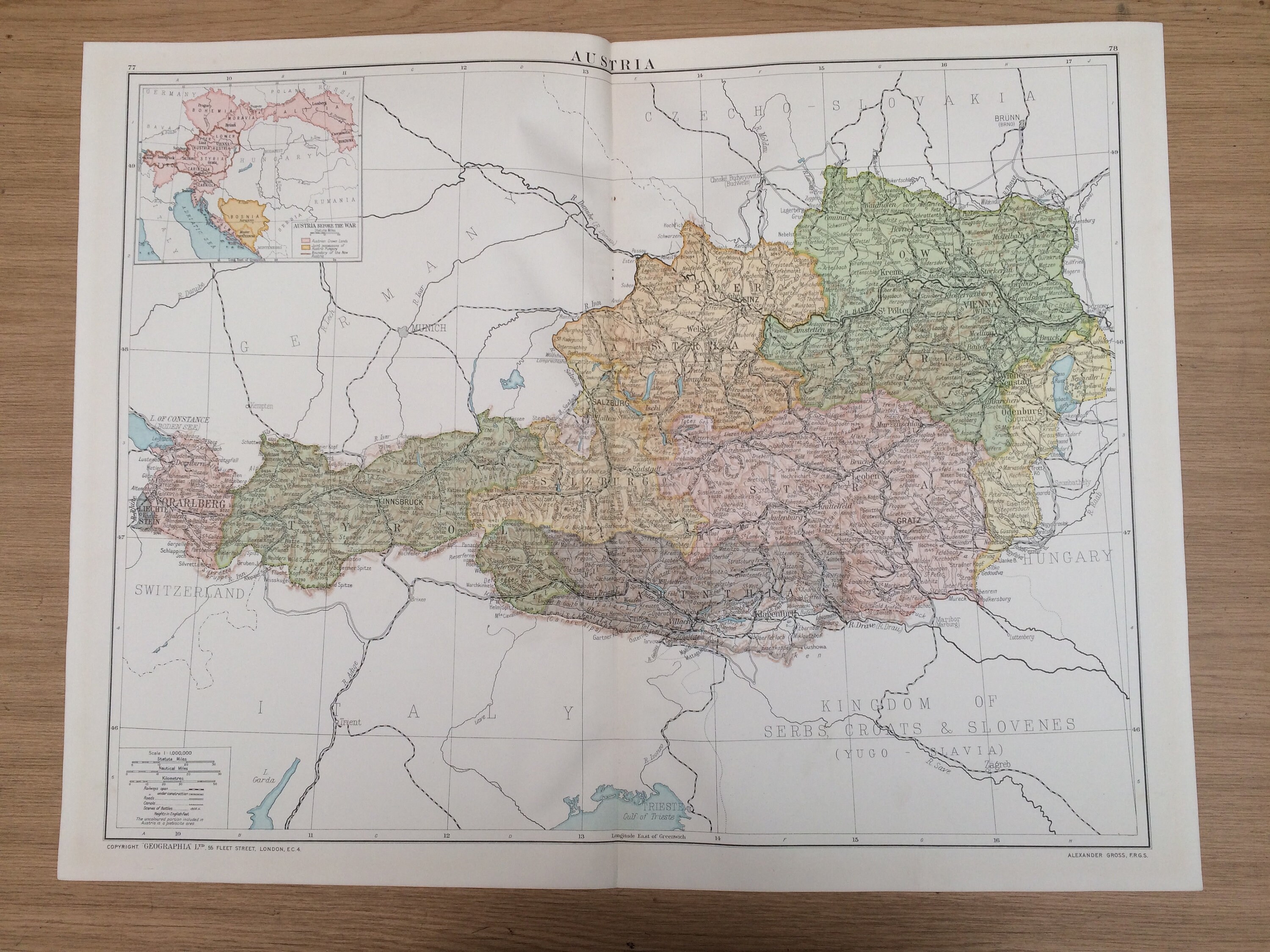 1920 Austria Extra Large Original Antique Map with inset map of Austria ...