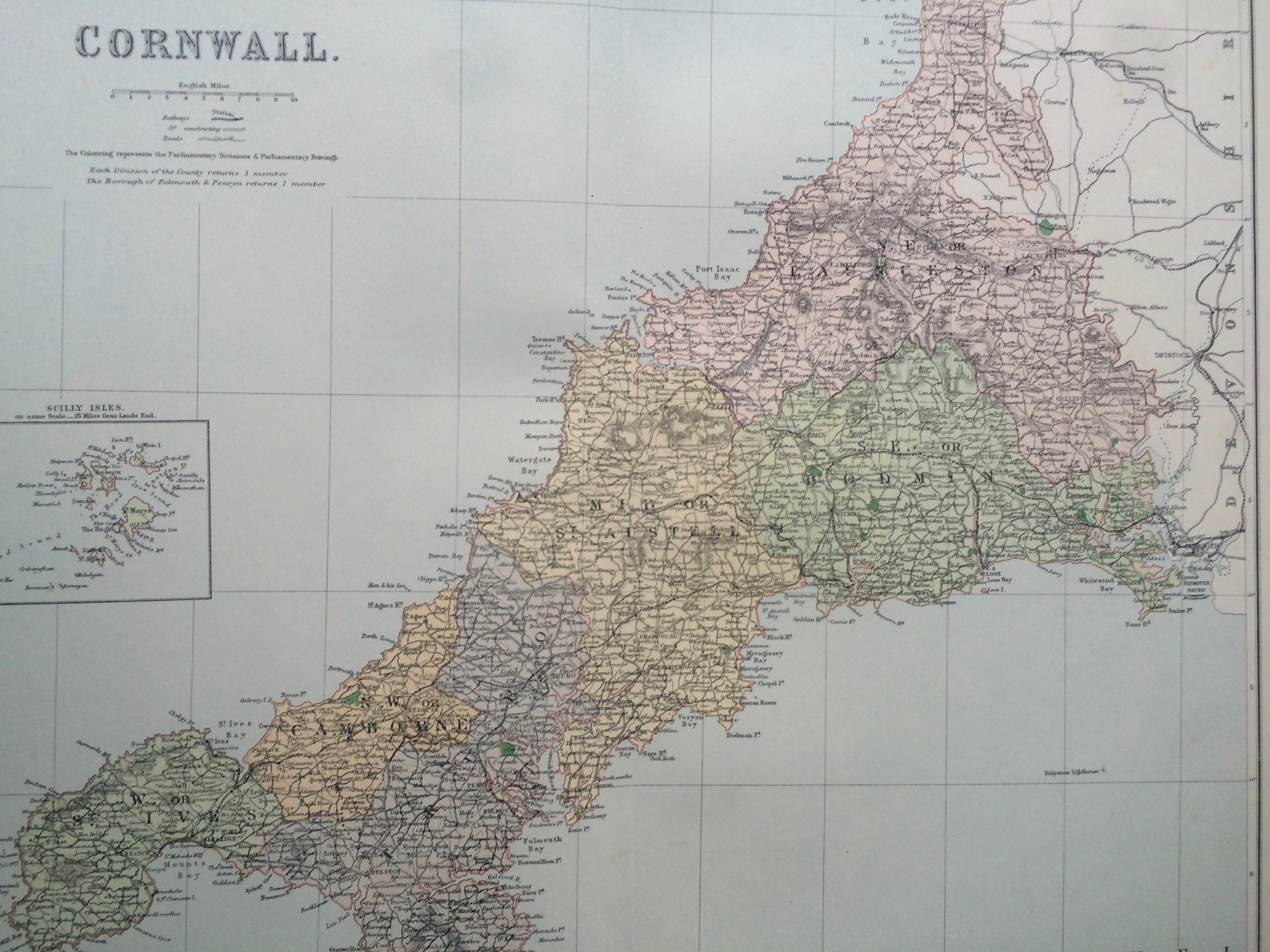 1868 Cornwall Large Original Antique Map showing railways, roads ...