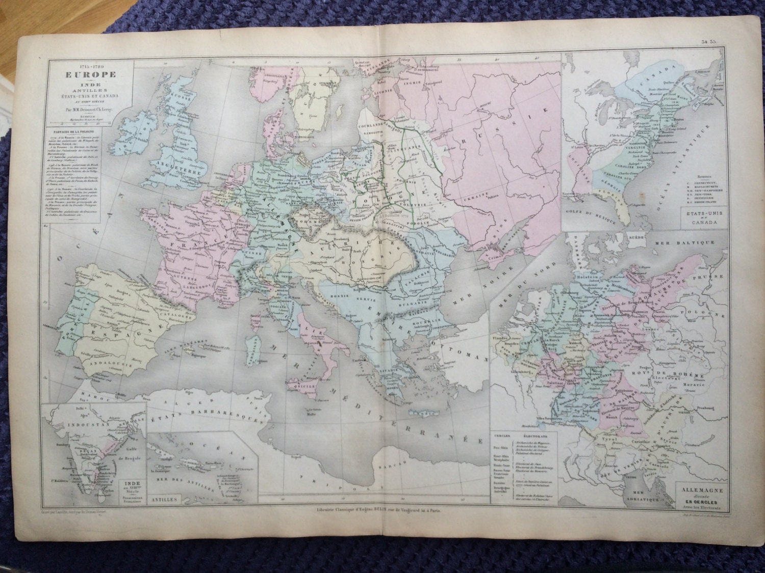 1866 EUROPE and its colonies - 1715-1789 - large original antique map ...