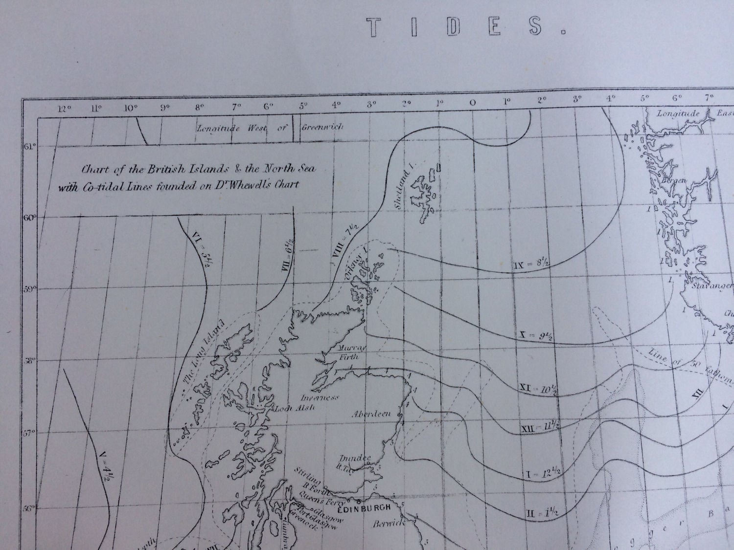 1891 Tidal Map of Britain and the North Sea Original Antique Map - 9 x ...