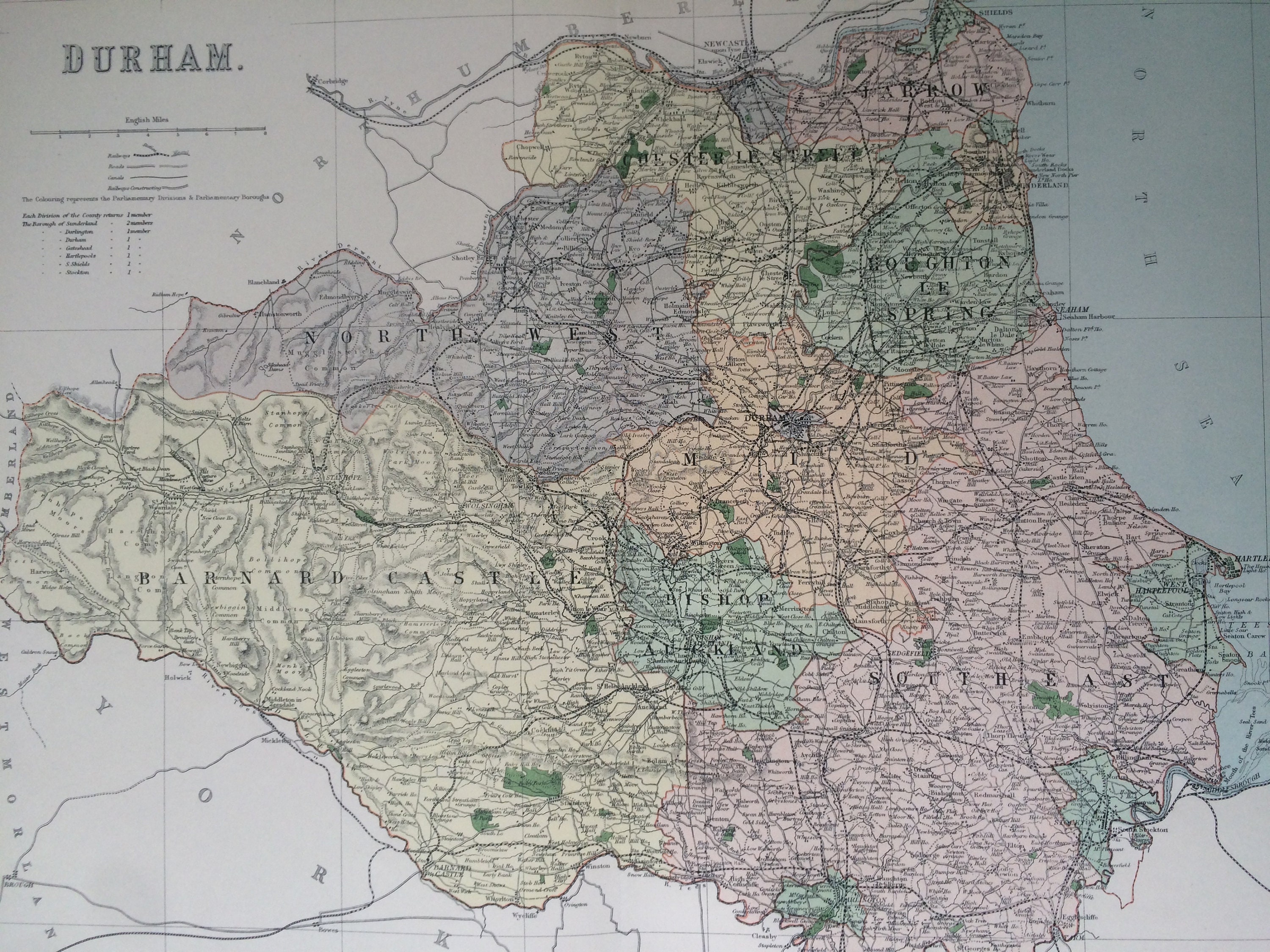 1868 Durham Large Original Antique Map showing railways, roads ...